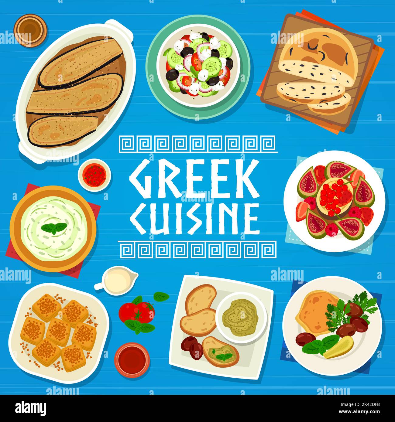 Greek cuisine menu cover template. Fruit cake, battered fish and fish ...