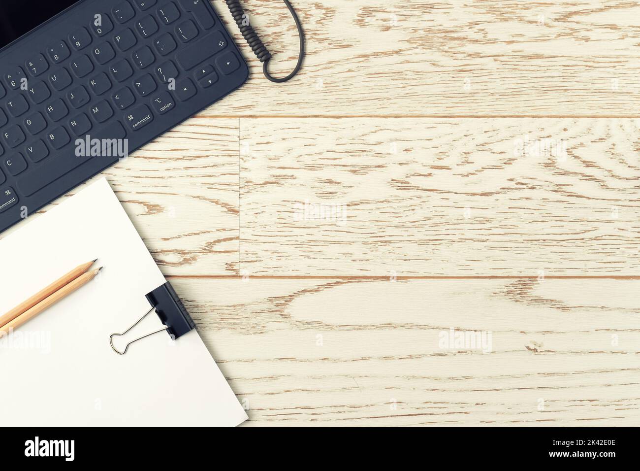 Banner template with laptop keyboard, office paper and pencil. Office ...