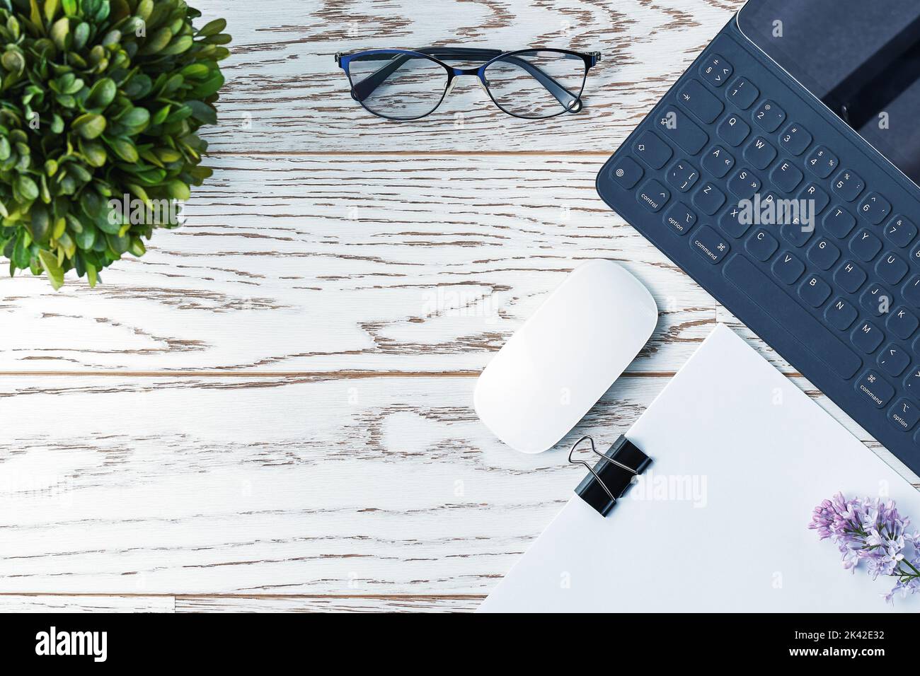Programmer desk flat lay design. Glasses, laptop, keyboard, mouse ...