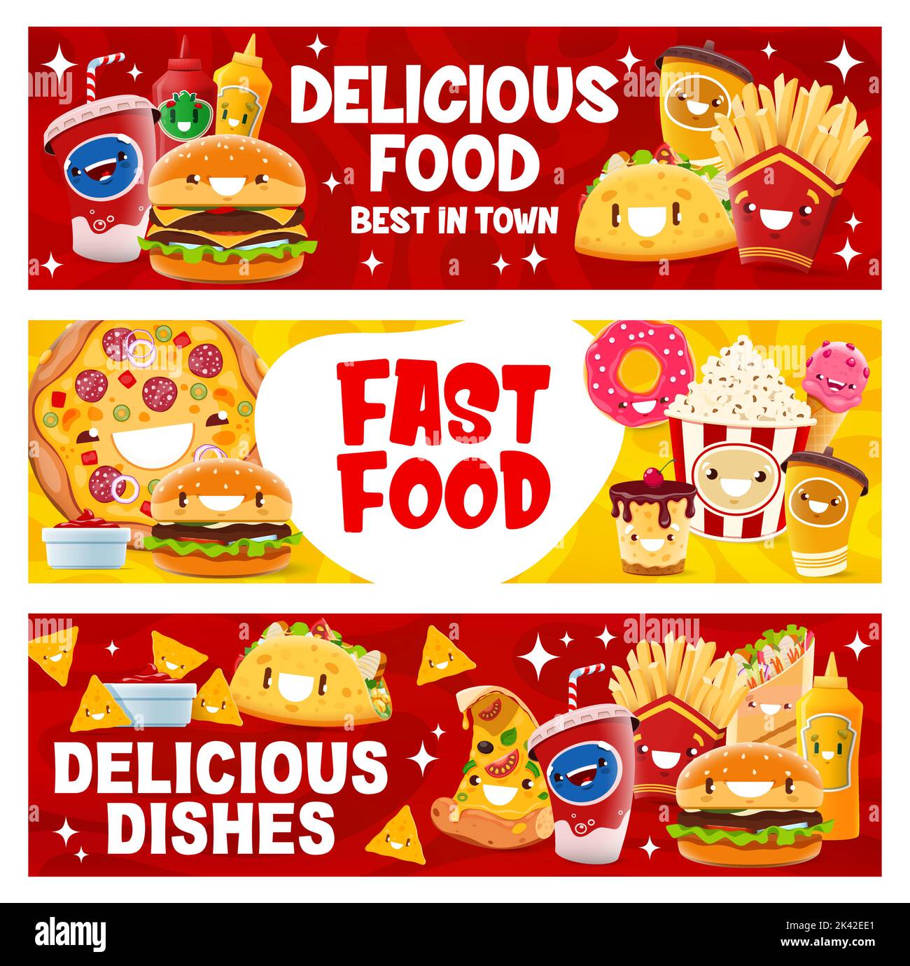 Cartoon takeaway fast food characters. Vector banners with hamburger ...