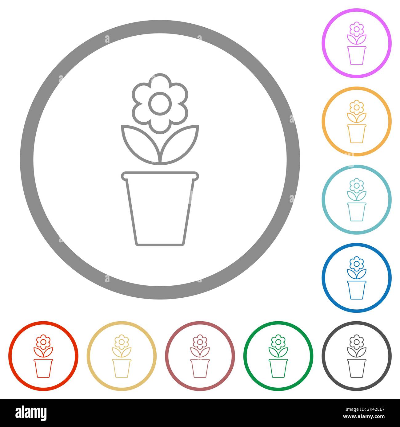 flowerpot with flower and leaves outline flat color icons in round ...