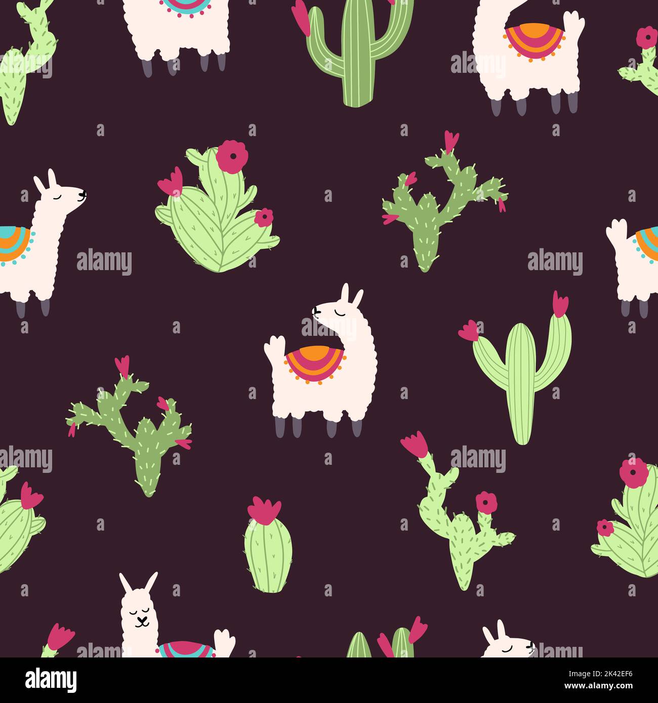 Vector seamless pattern with alpaca lama and cactus on a dark background. Vector illustration ...
