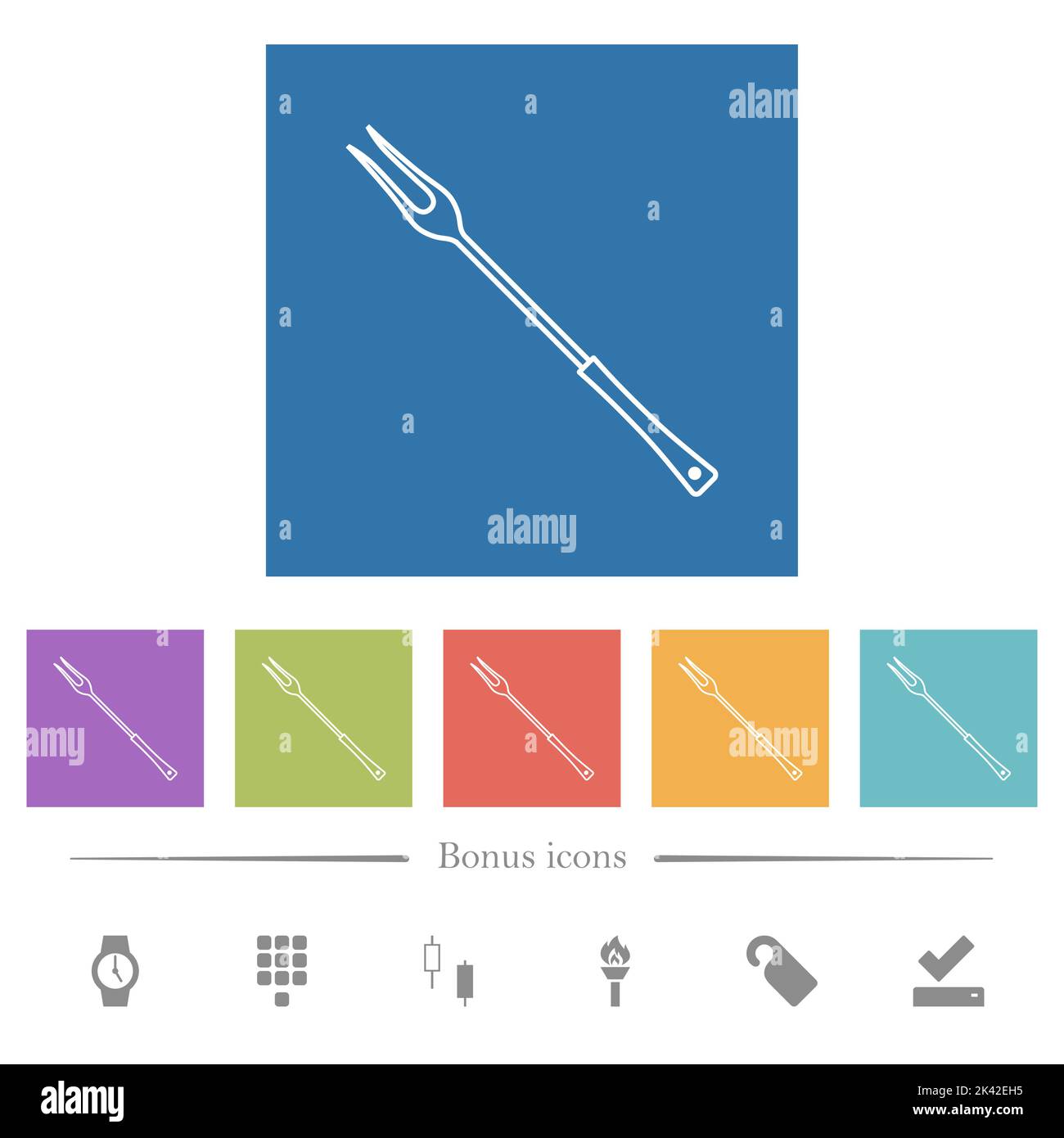 Barbecue fork outline flat white icons in square backgrounds. 6 bonus ...