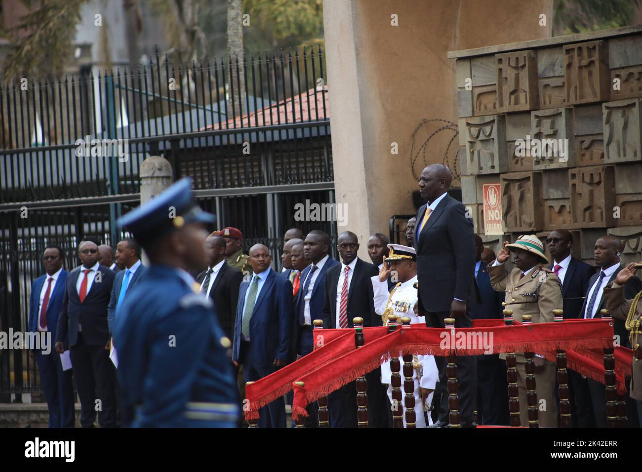 Nairobi, Kenya. 29th Sep, 2022. President William Ruto stands still as the national anthem is ...