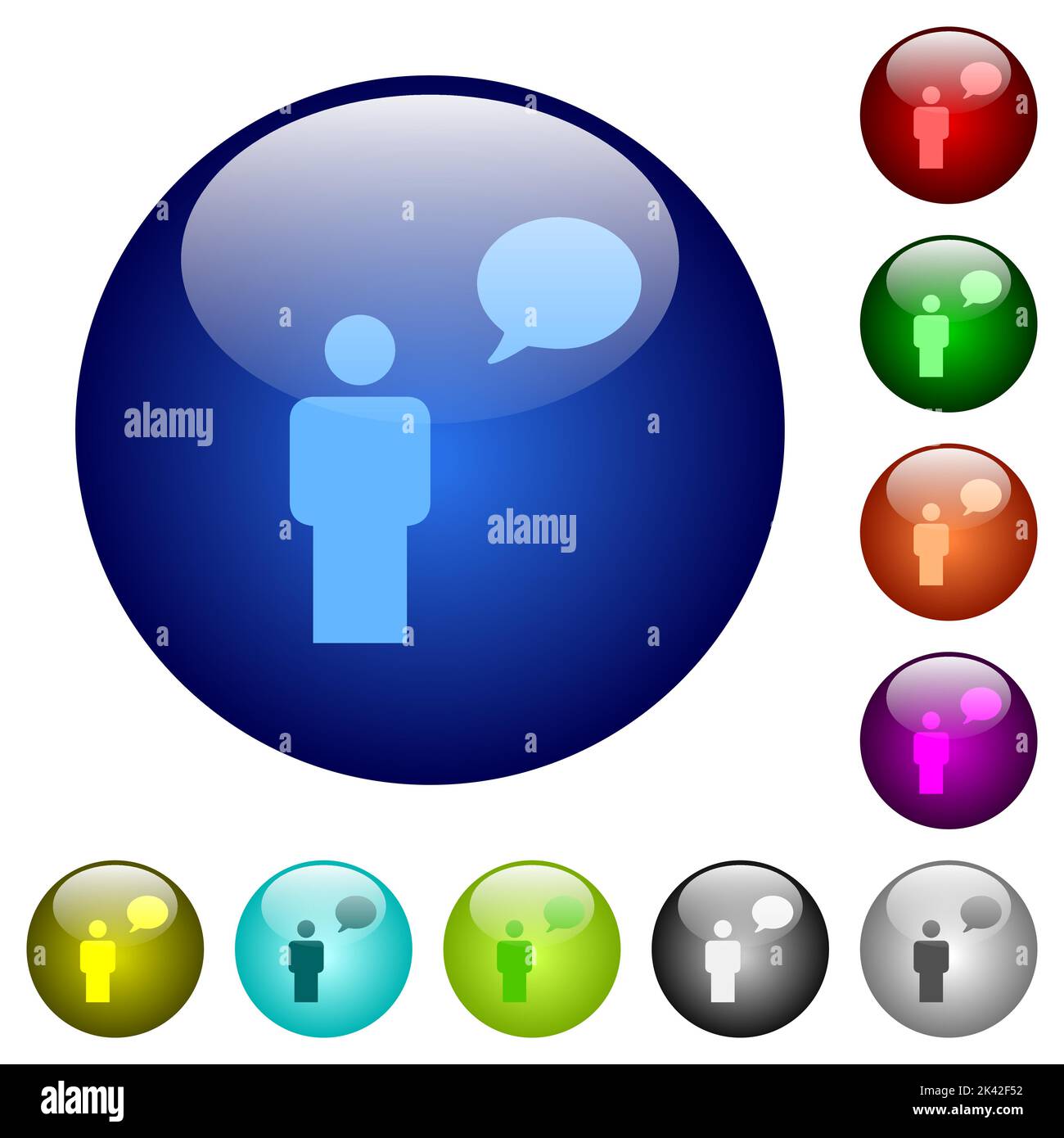 One talking person with oval bubble solid icons on round glass buttons ...