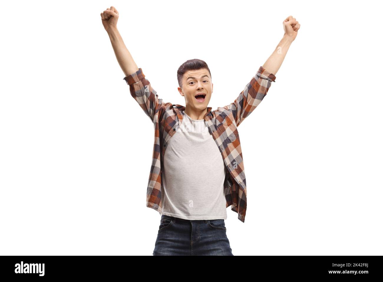 Excited guy cheering with happiness isolated on white background Stock ...