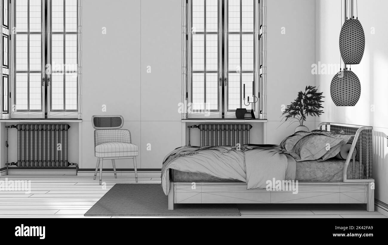 Blueprint unfinished project draft, scandinavian wooden bedroom, double ...