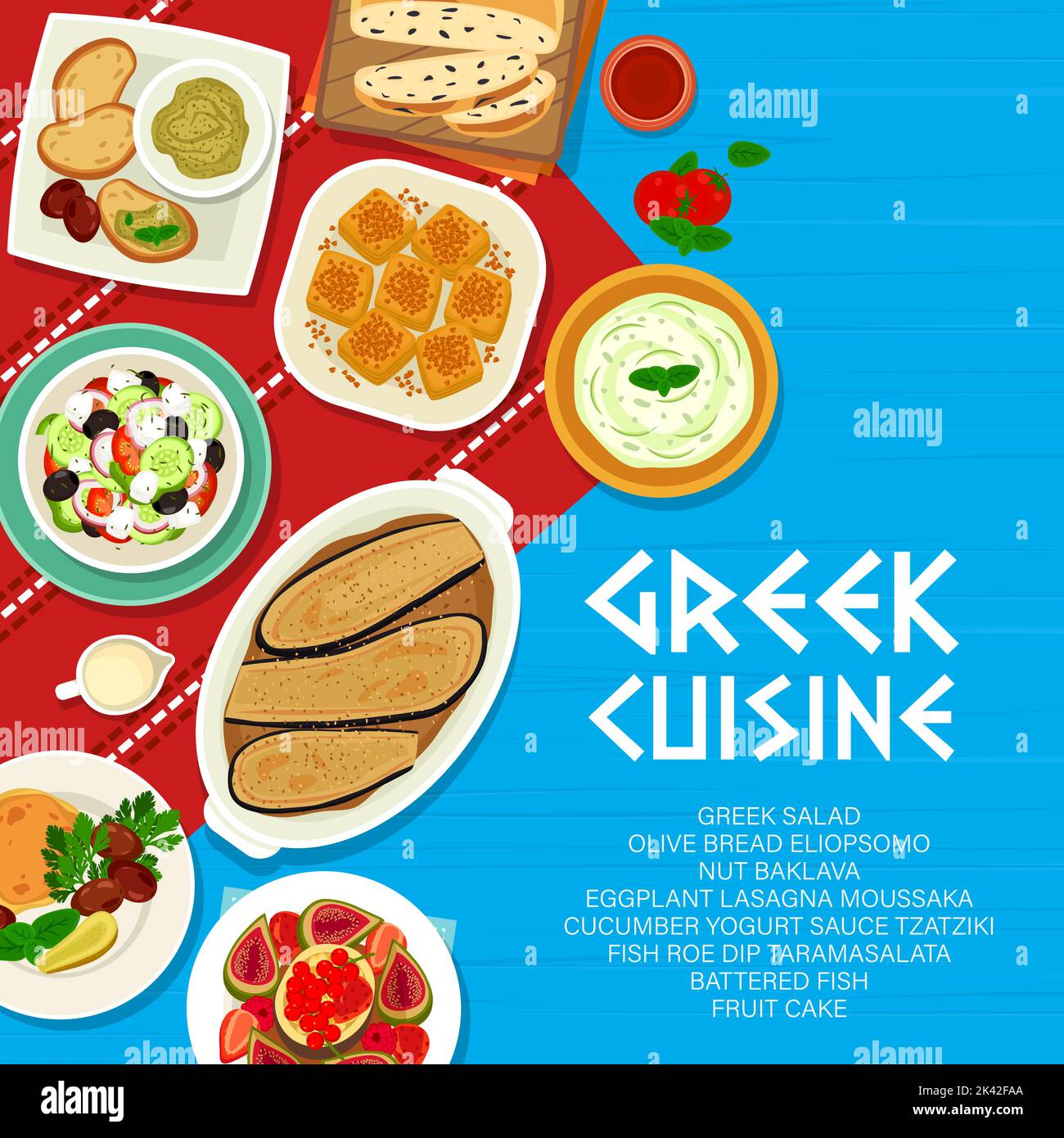Greek cuisine menu cover page design. Battered fish, olive bread ...