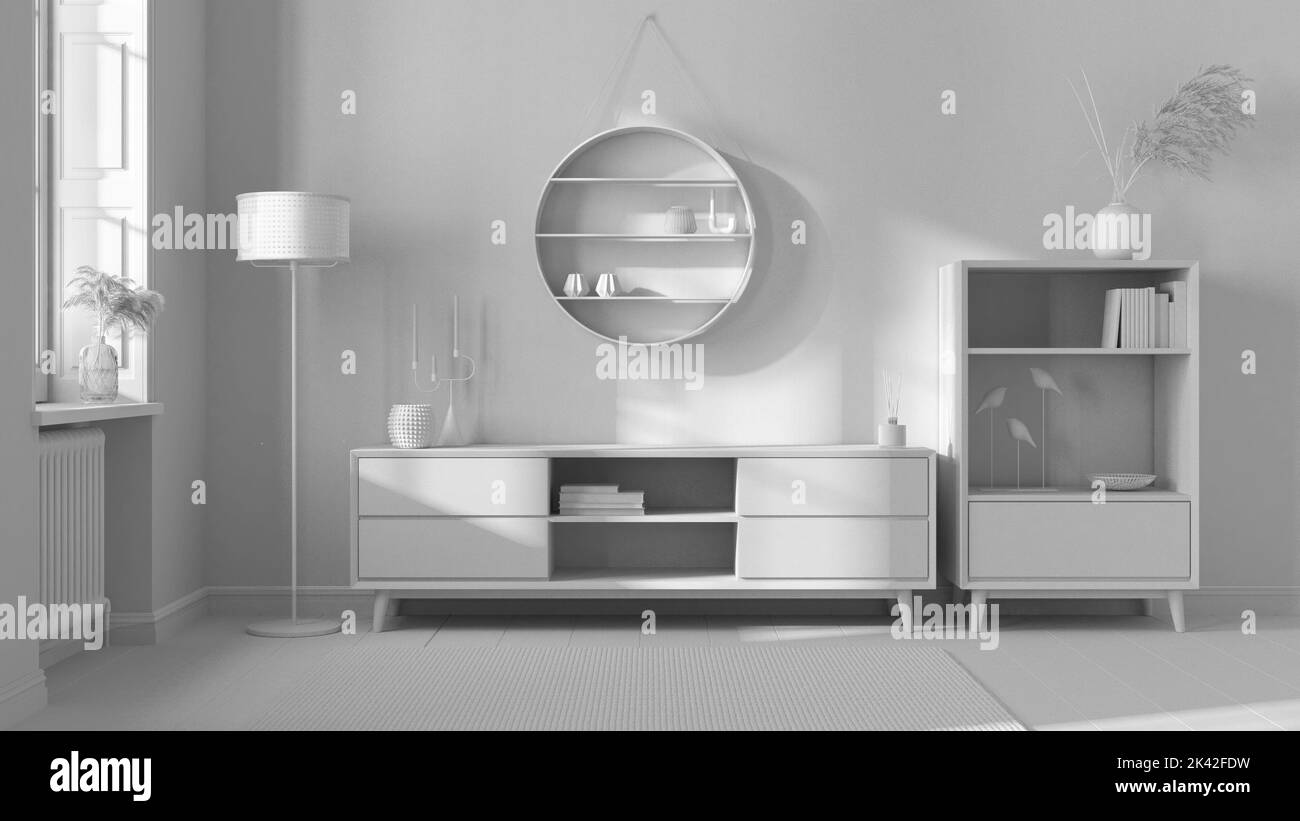 Total white project draft, modern wooden interior, dresser and commode ...