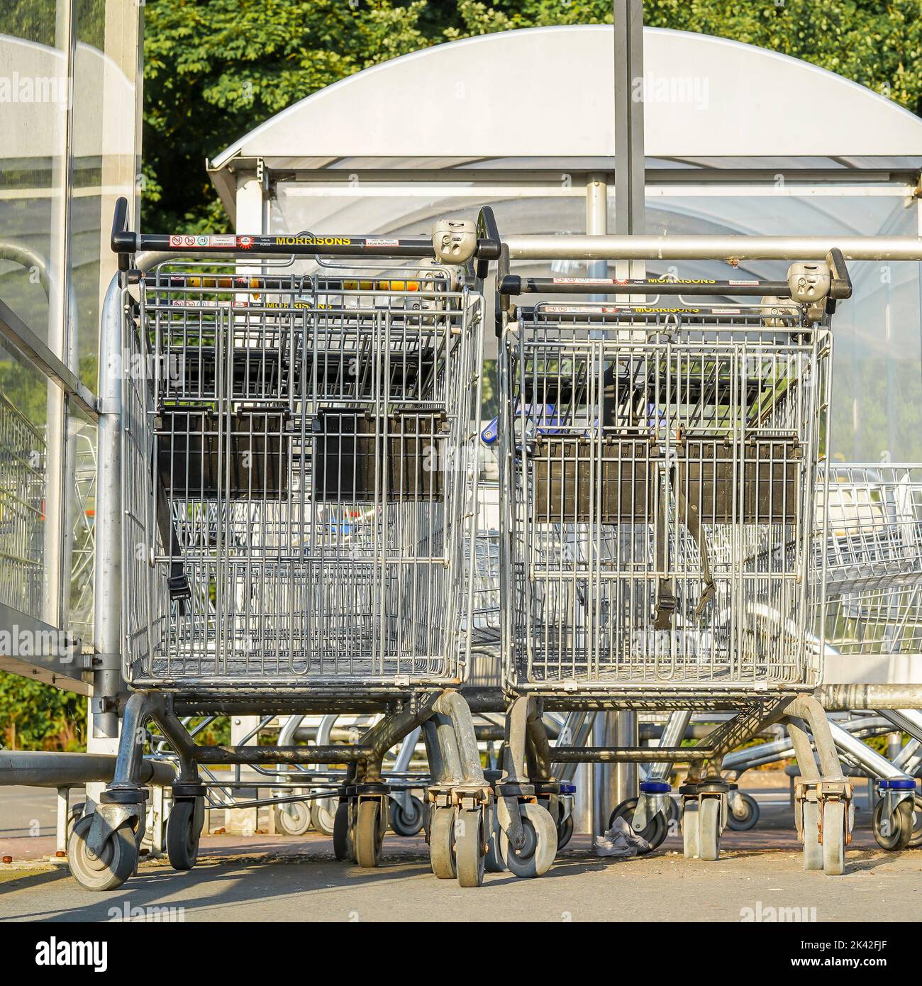 Shopping trolleys linked together in the trolley bay of a UK ...