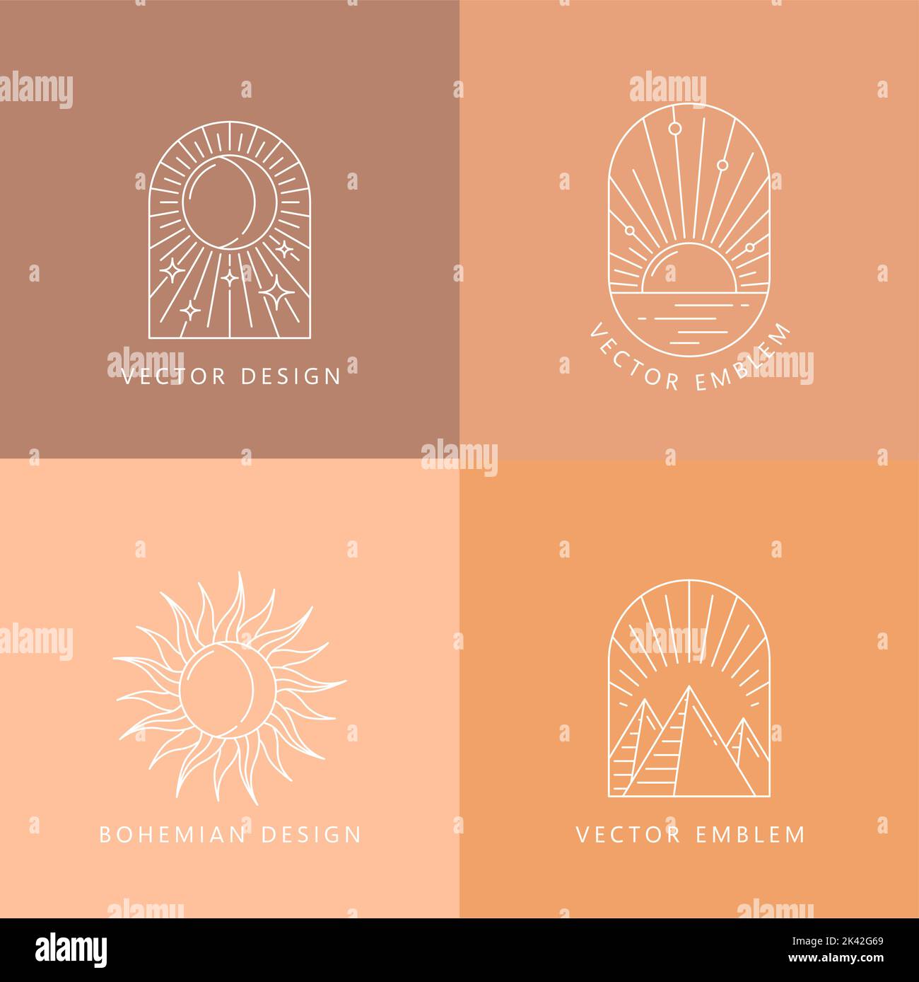 Boho sun, moon and pyramids with stars, vector outline icons. Bohemian ...