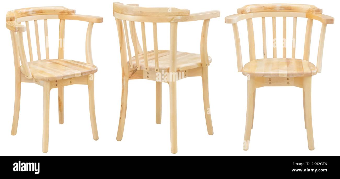 A chair made of natural wood in different angles. Isolated on a white ...