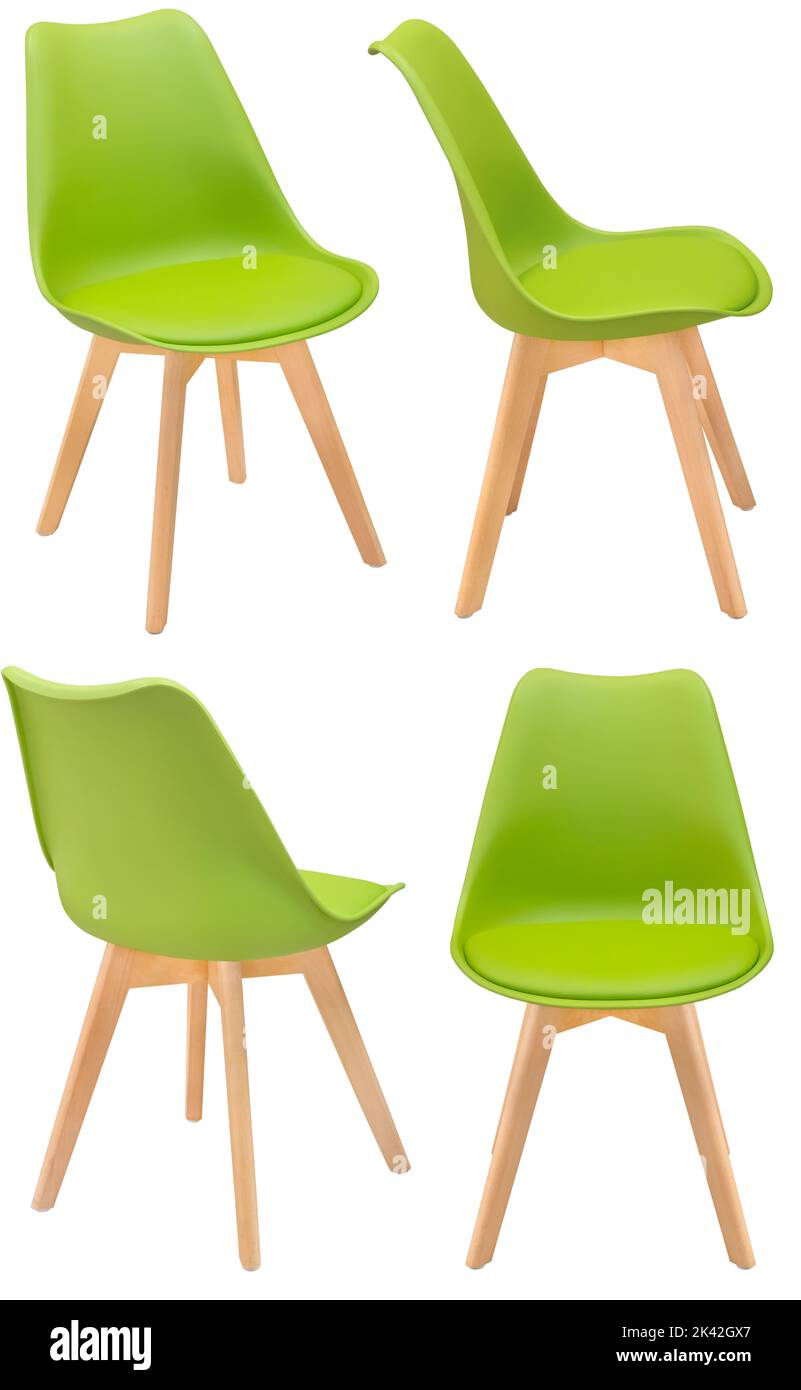 Modern stylish plastic chair with wooden legs in different angles of ...