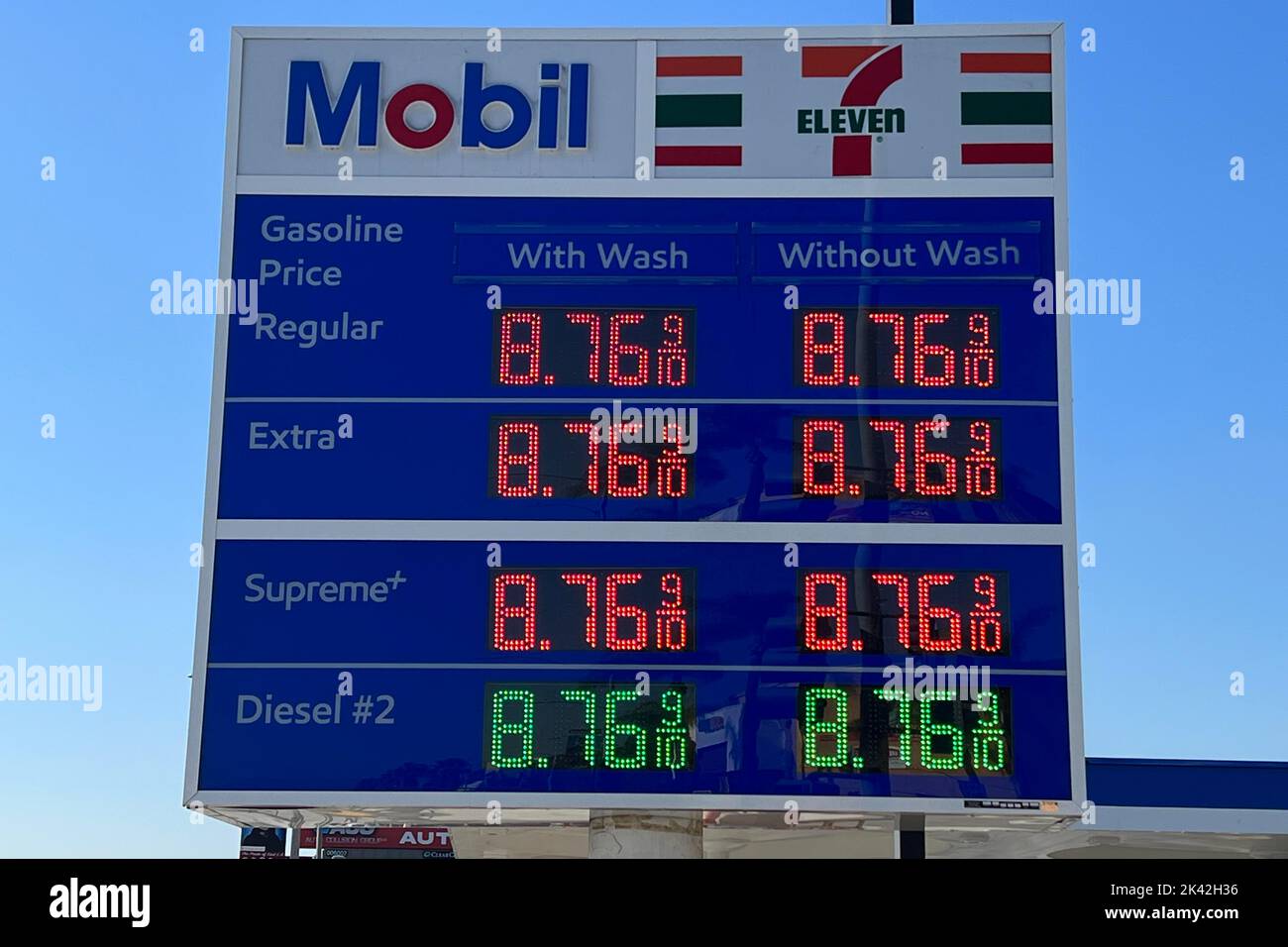 Gasoline prices of $8.76 per gallon are displayed at Mobil 7-Eleven gas ...