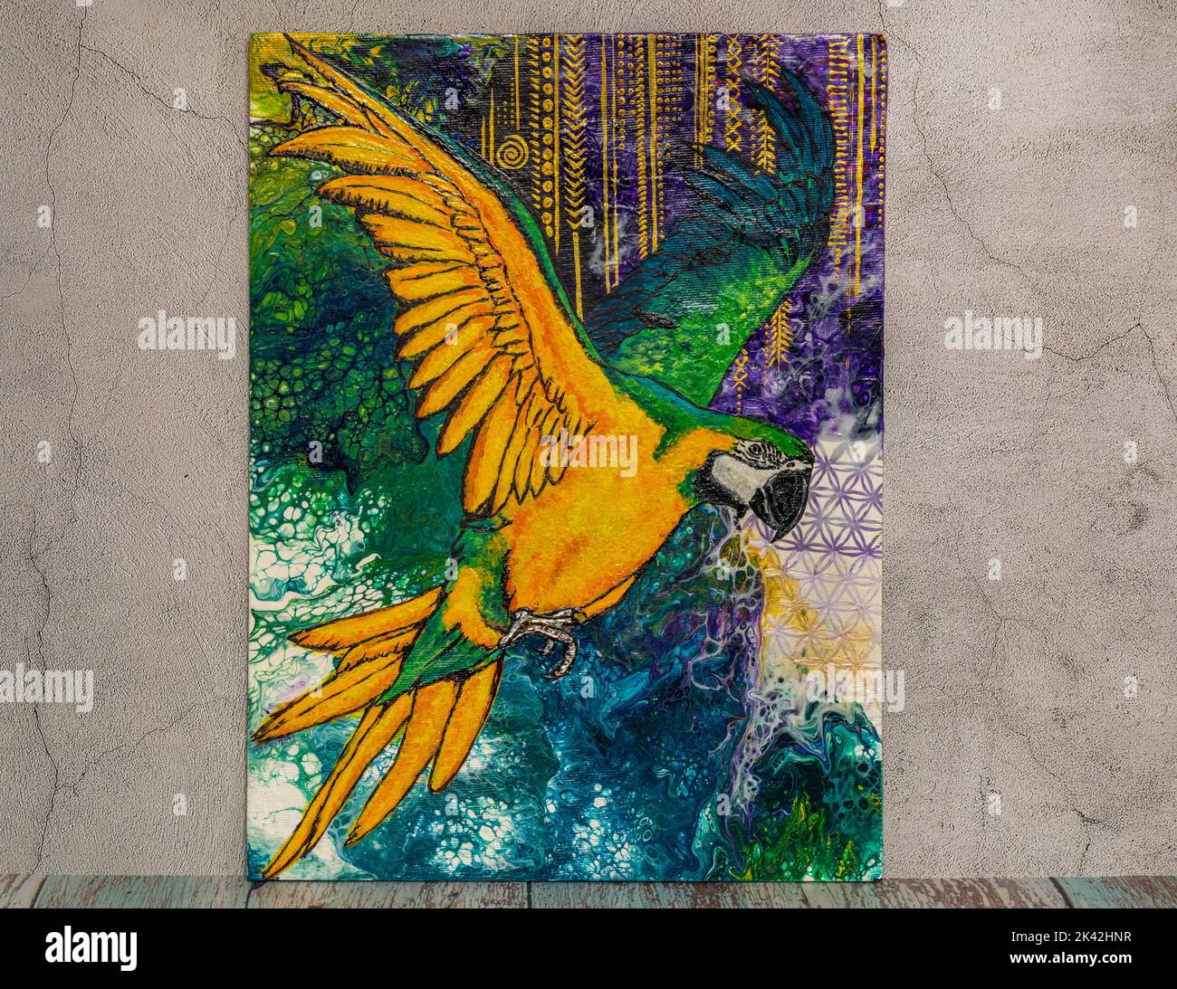 Hand made painting with color parrot on old light color table Stock ...