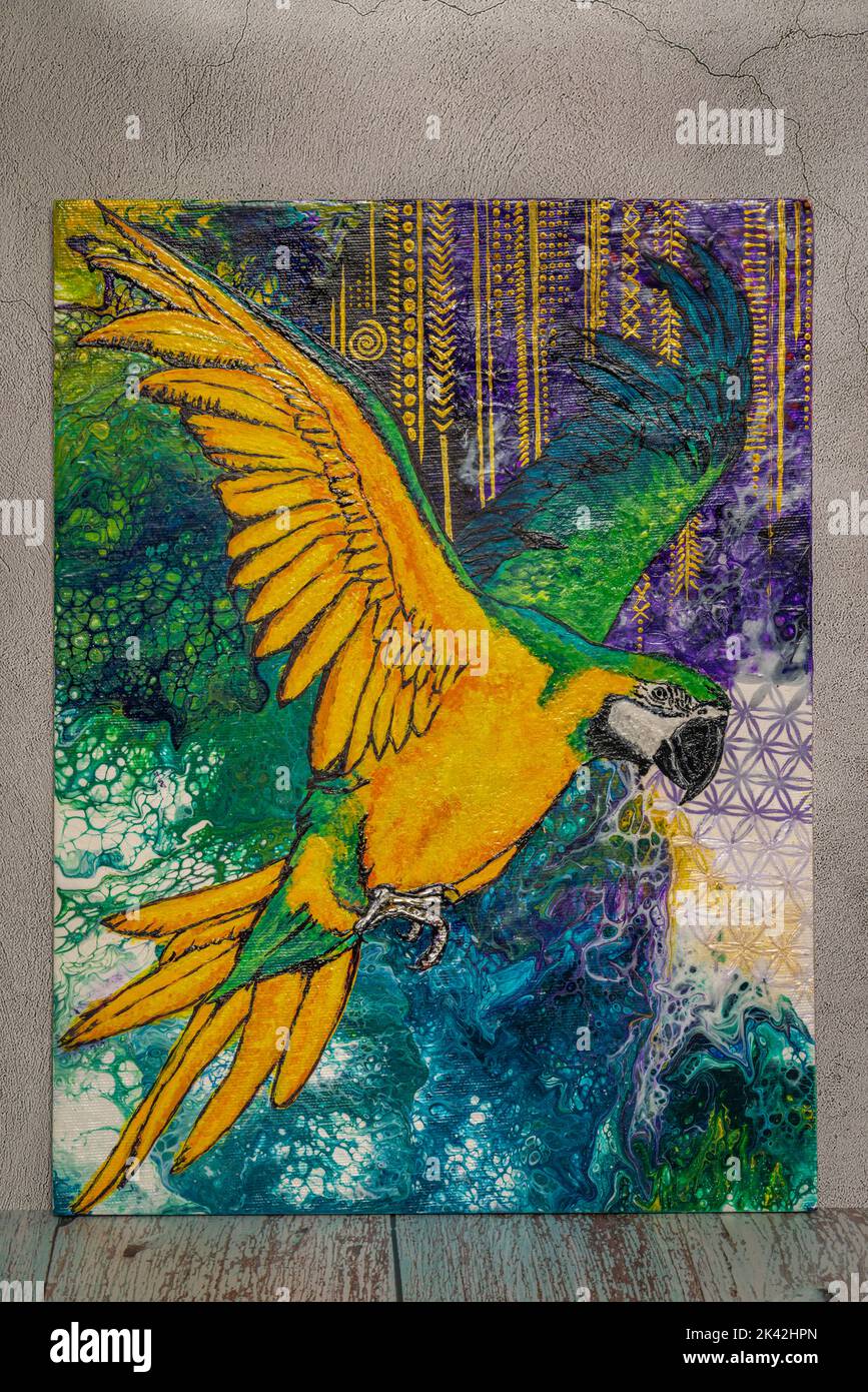 Hand made painting with color parrot on old light color table Stock ...
