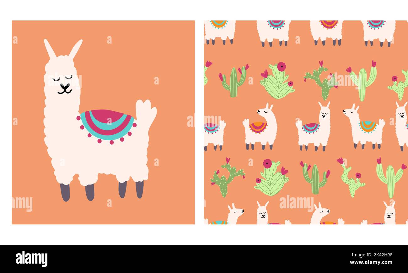 Lama alpaca seamless pattern with cactus. Vector illustration of ...
