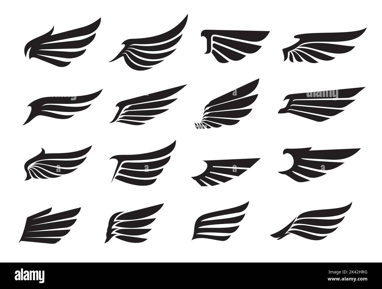 Eagle wing icons, angel wing tattoo and bird feather silhouettes ...