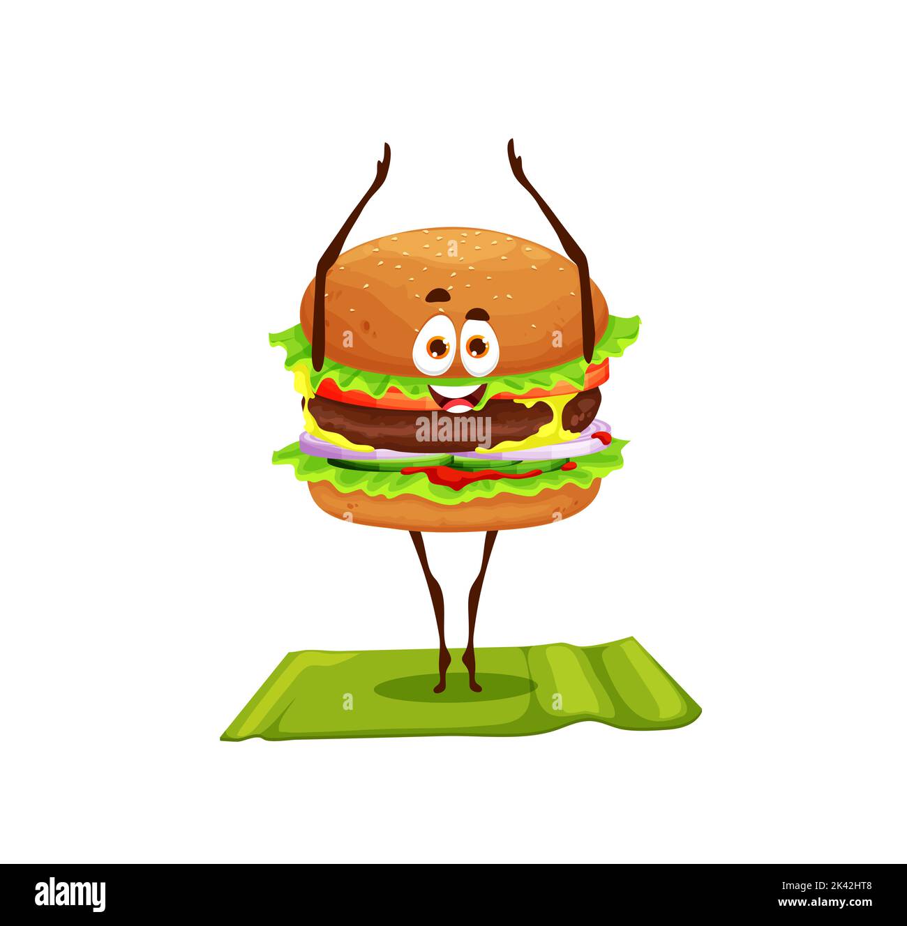 Cartoon funny burger character on yoga fitness. Happy smiling fast food ...