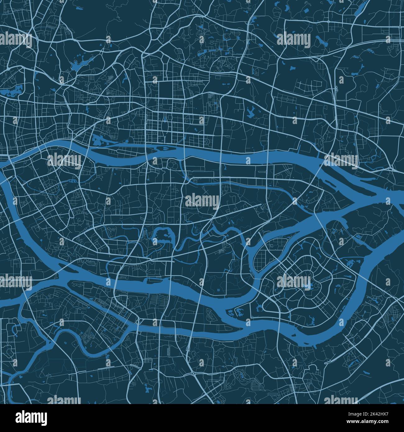 Detailed vector map poster of Guangzhou city administrative area. Blue ...