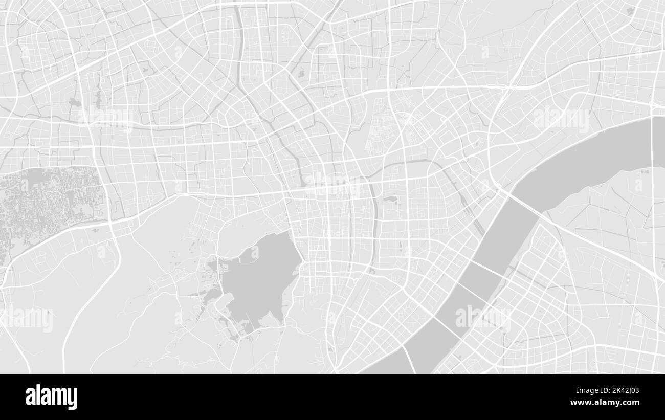 White and light grey Hangzhou city area vector background map, roads and water illustration ...