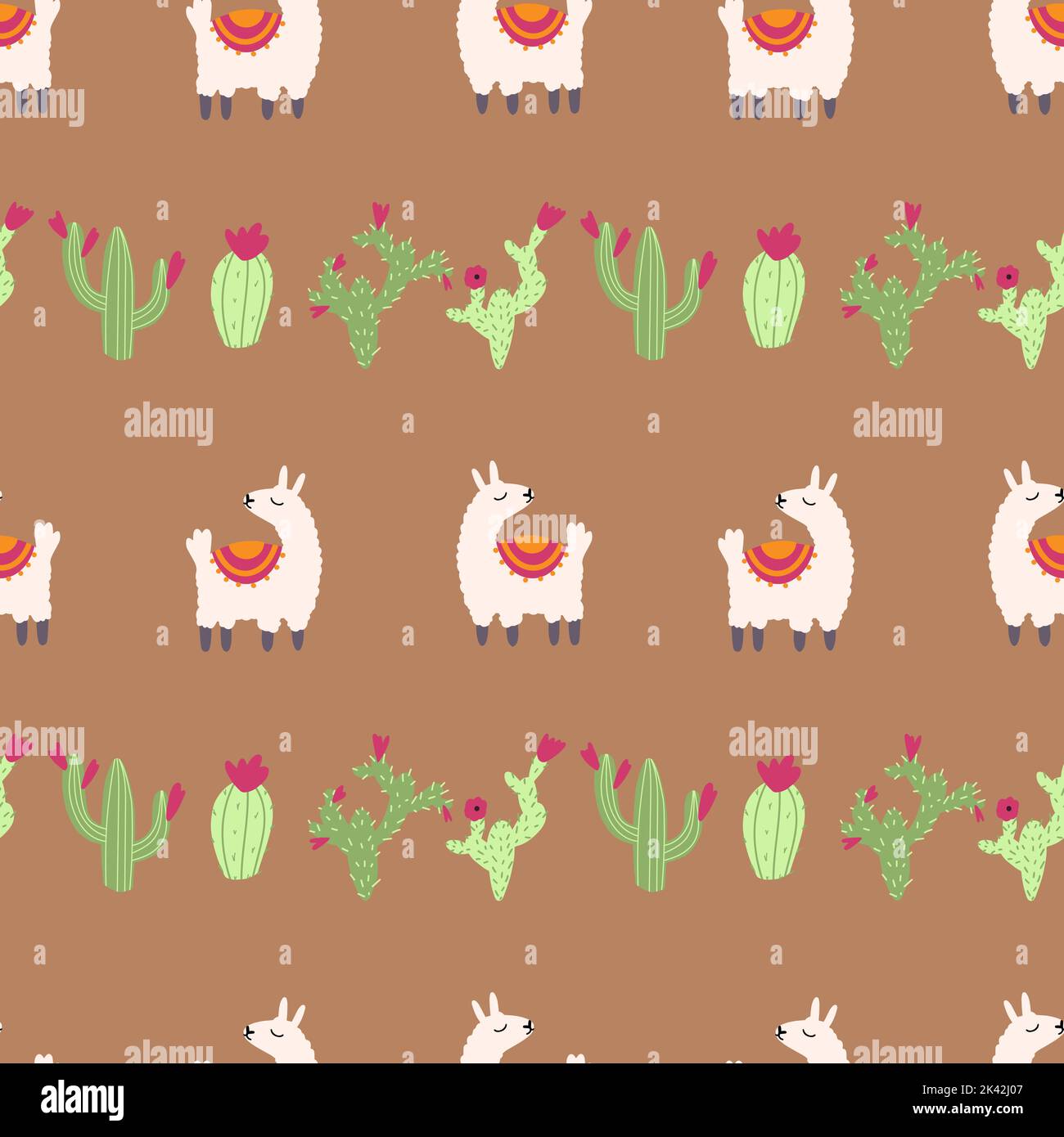 Lama alpaca seamless pattern with cactus. Vector illustration of nursery characters in cartoon ...
