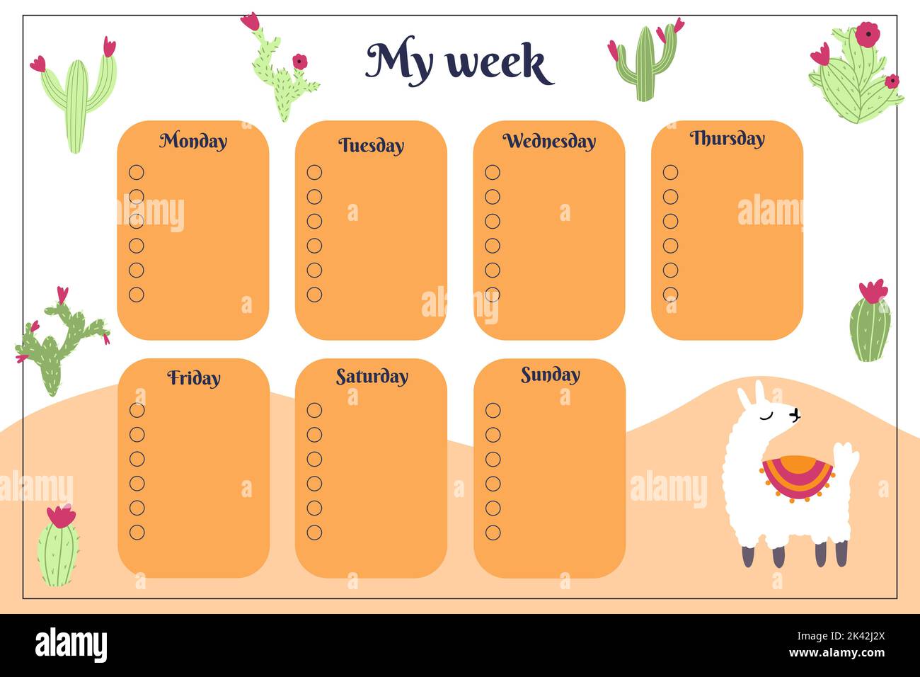 Weekly planner for kids with hand drawn cactus and lama alpaca in ...