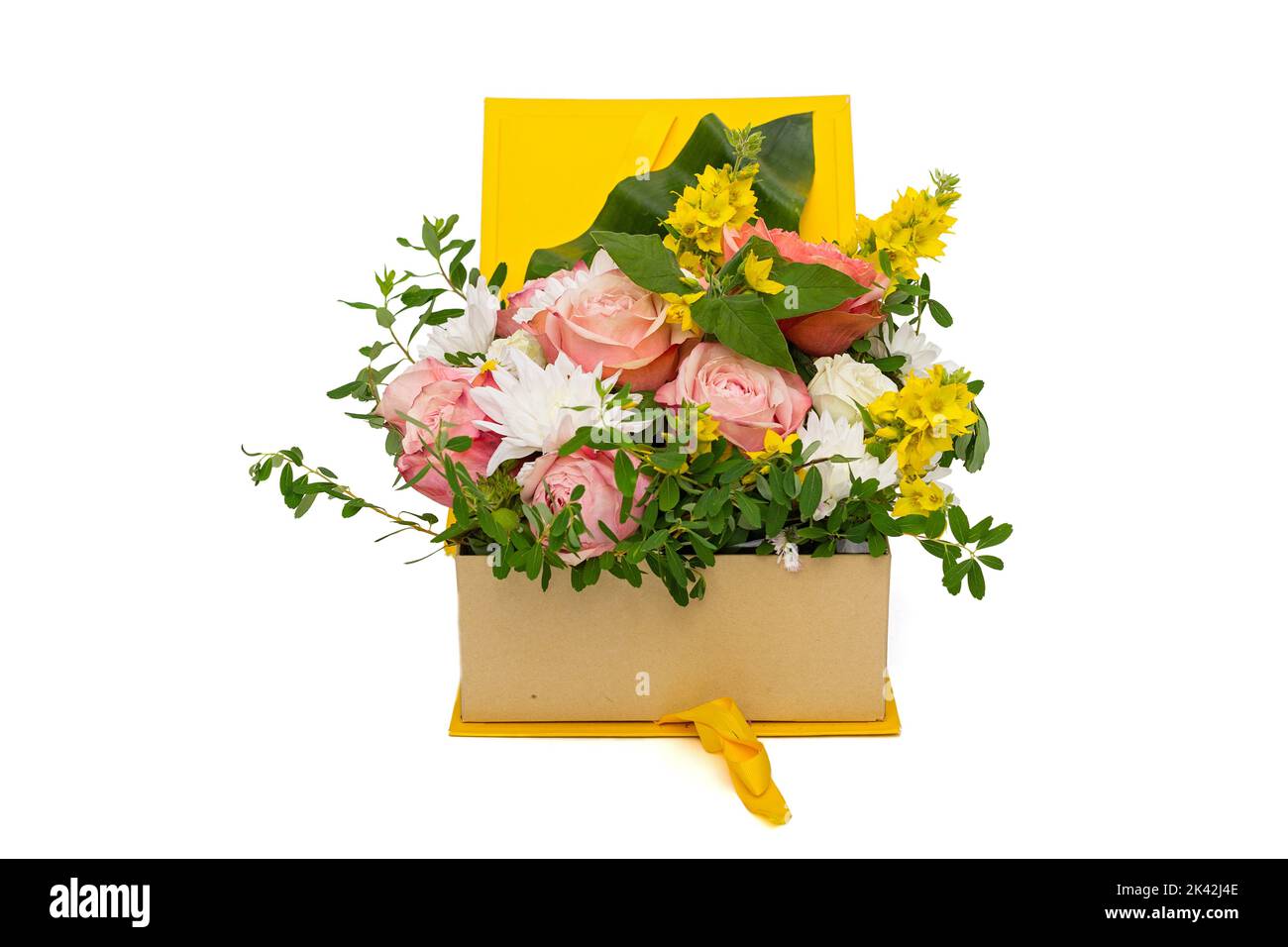 Original flower arrangement in a yellow gift box, isolated on a white ...