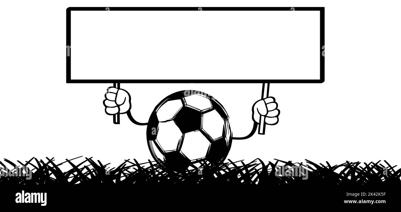 Cartoon soccer ball as stickman, stick figure man with banner. Vector ...