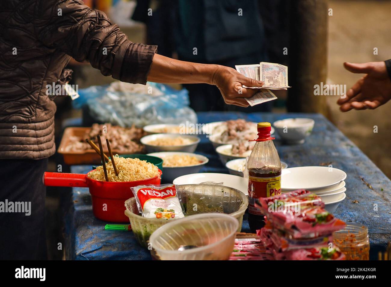 Closeup view of a woman stretching her hand with Vietnamese cash money ...