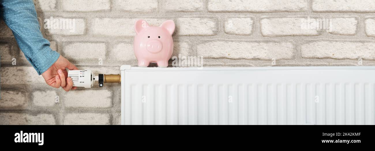 Heating Energy Bill And Saving Money. Adjusting Thermostat Stock Photo ...