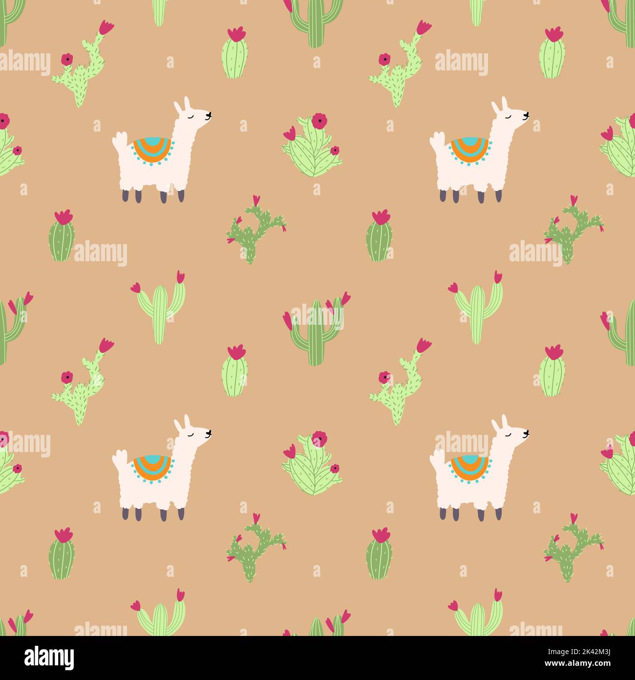 Lama alpaca seamless pattern with cactus. Vector illustration of ...
