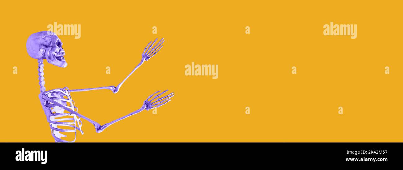 Funny creepy Halloween orange banner with cute spooky purple skeleton ...