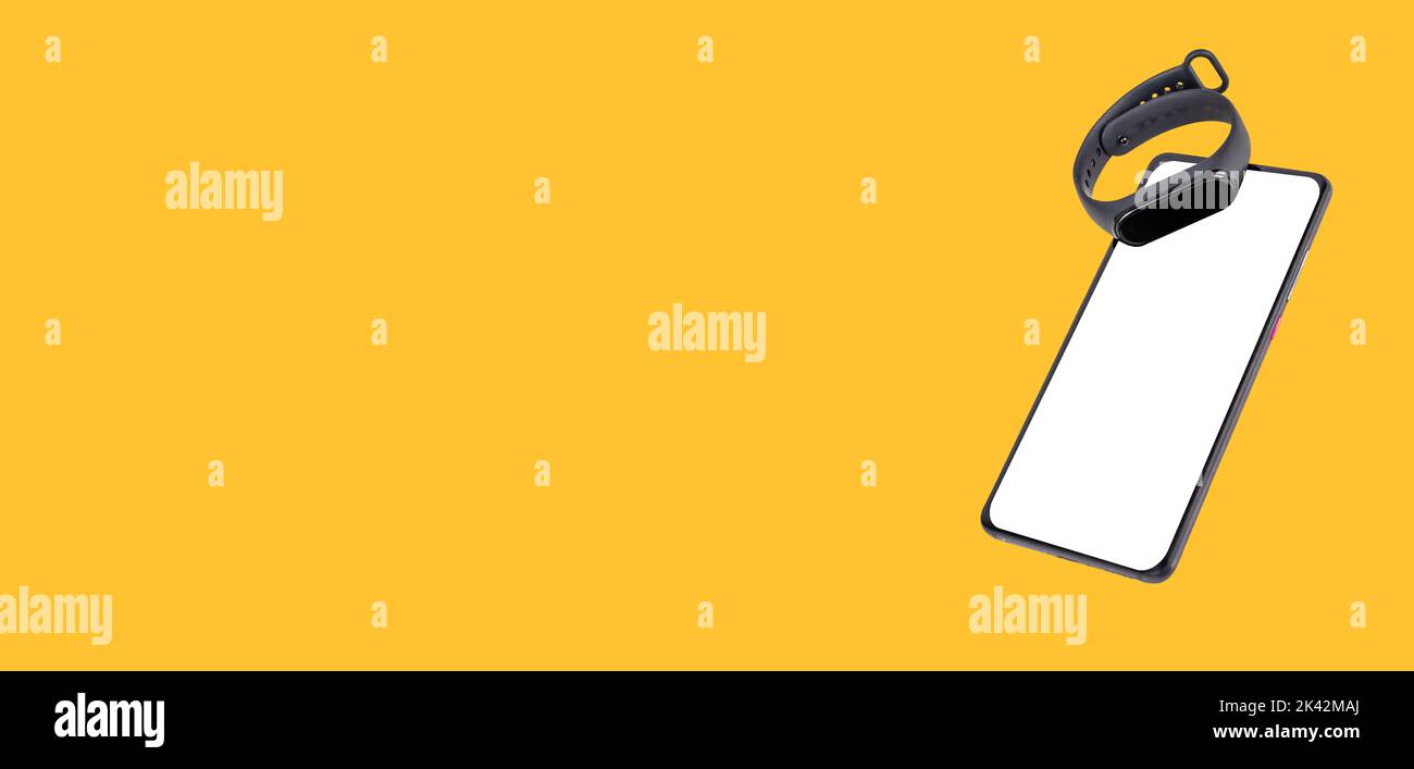 Banner with phone mockup and fitness tracker on orange background ...