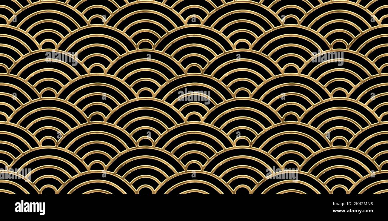 Seamless golden Japanese seigaiha wave pattern. Vintage abstract gold ...
