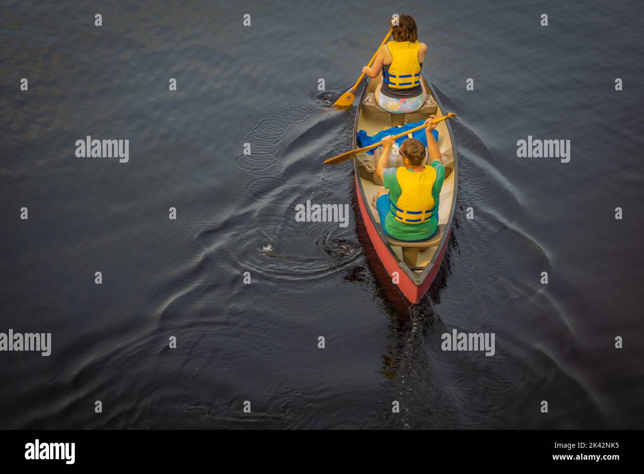 High angle and rear view of a couple in yellow life jacket paddling a ...