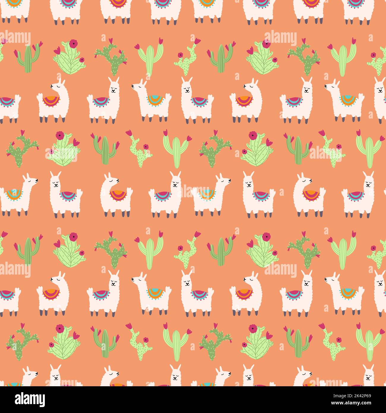 Lama alpaca seamless pattern with cactus. Vector illustration of ...