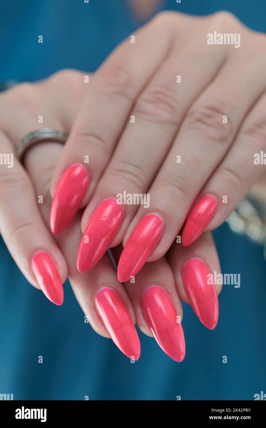 Female hand with long nails and a bottle bright neon pink red color ...