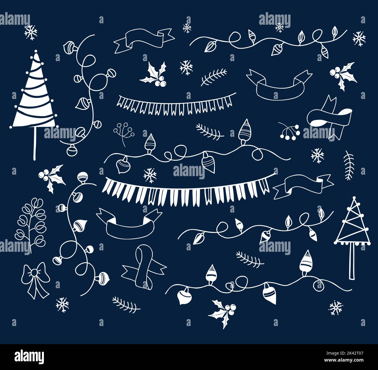 Christmas collection doodle. New year decor, garlands, flags ...