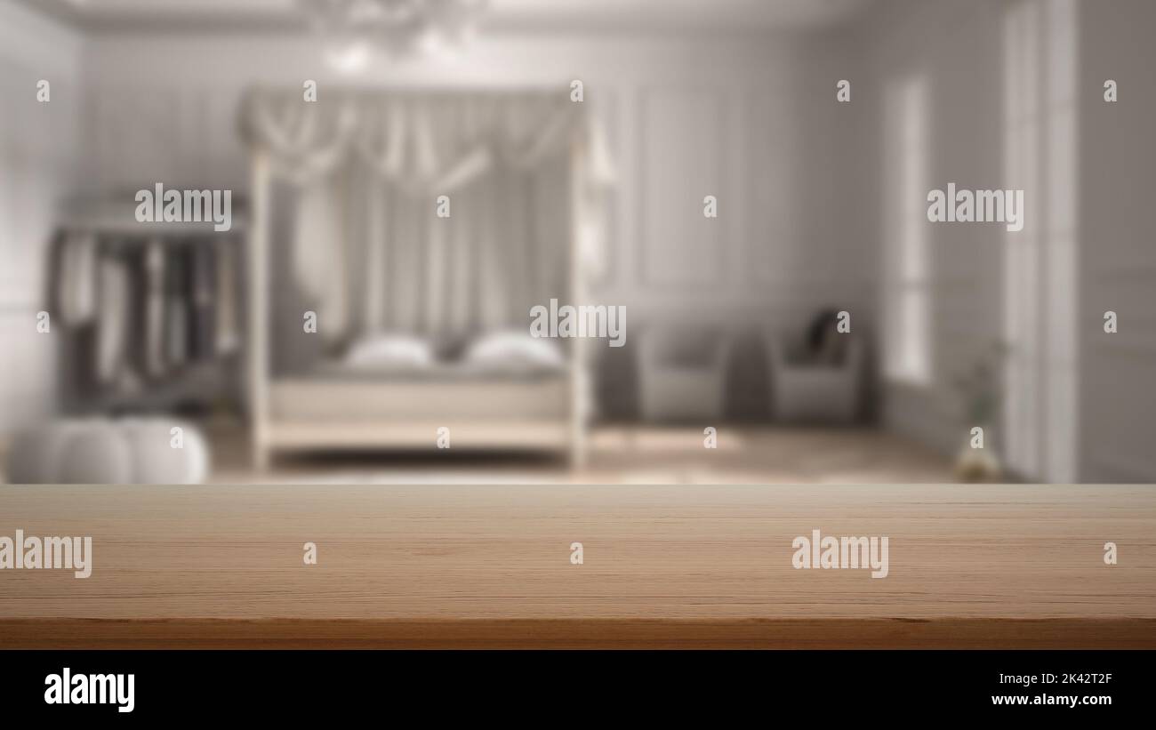 Empty wooden table, desk or shelf with blurred view of classic bedroom ...