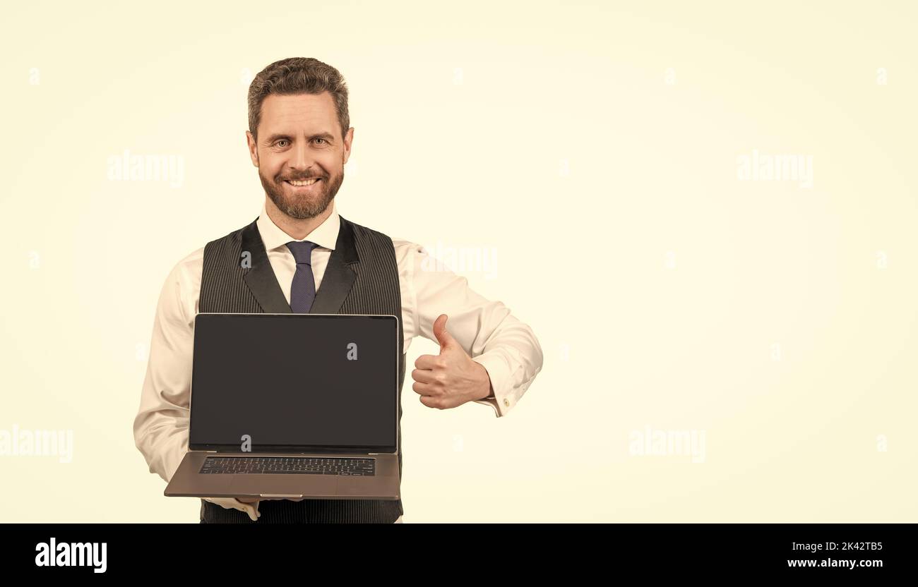 presentation on computer. office manager ready for video conference ...