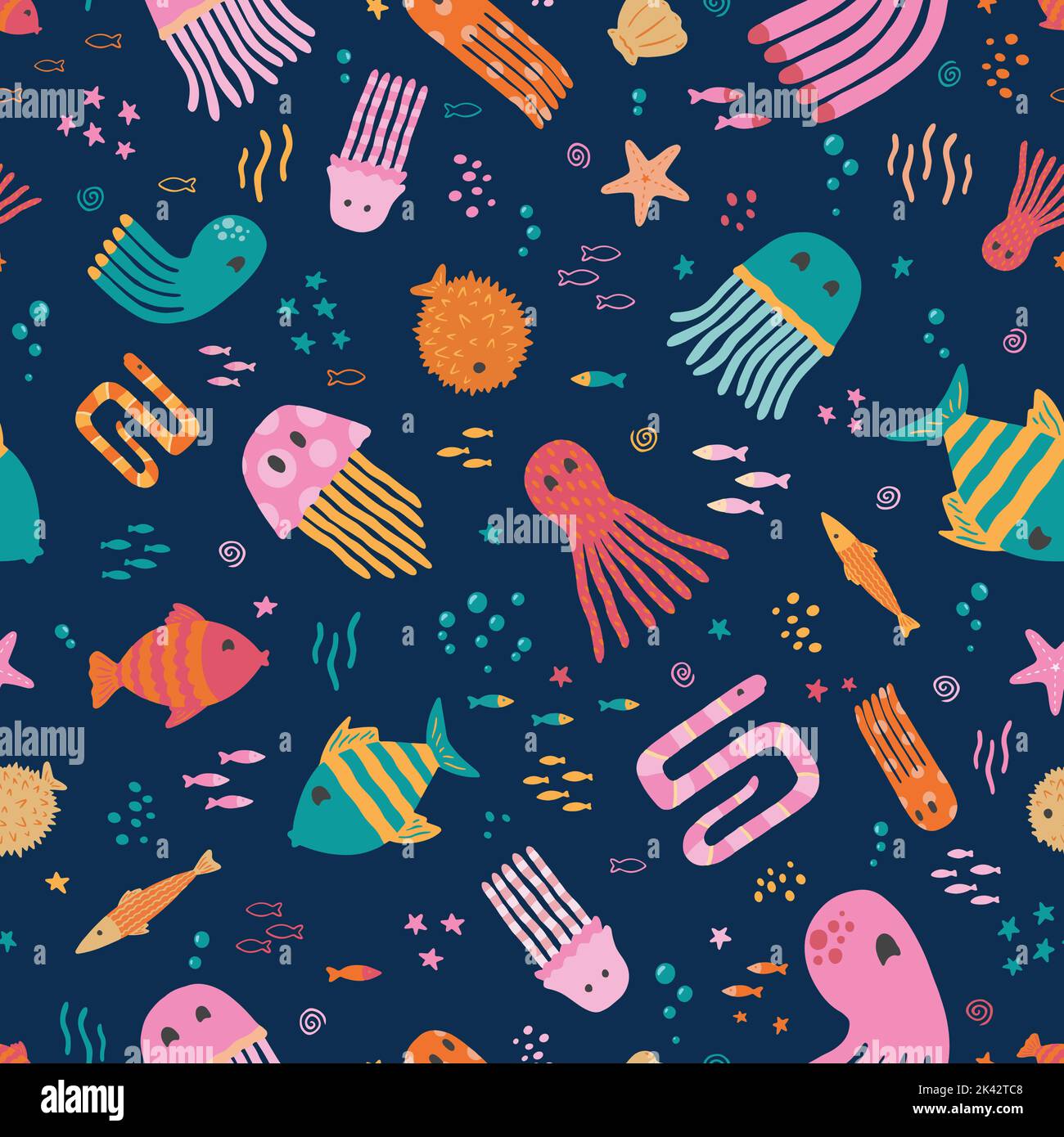 Cute Sea Life seamless pattern. Vector illustration flat design ...