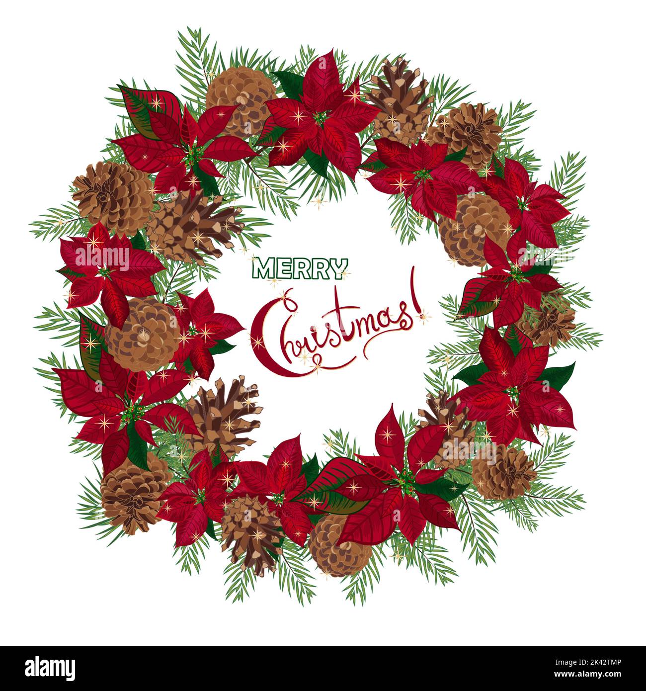 Vintage Christmas wreath with pine cones and poinsettia isolated on ...