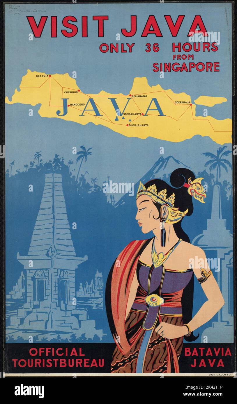 Colorful vintage travel poster of Batavia (now Jakarta), Java ...