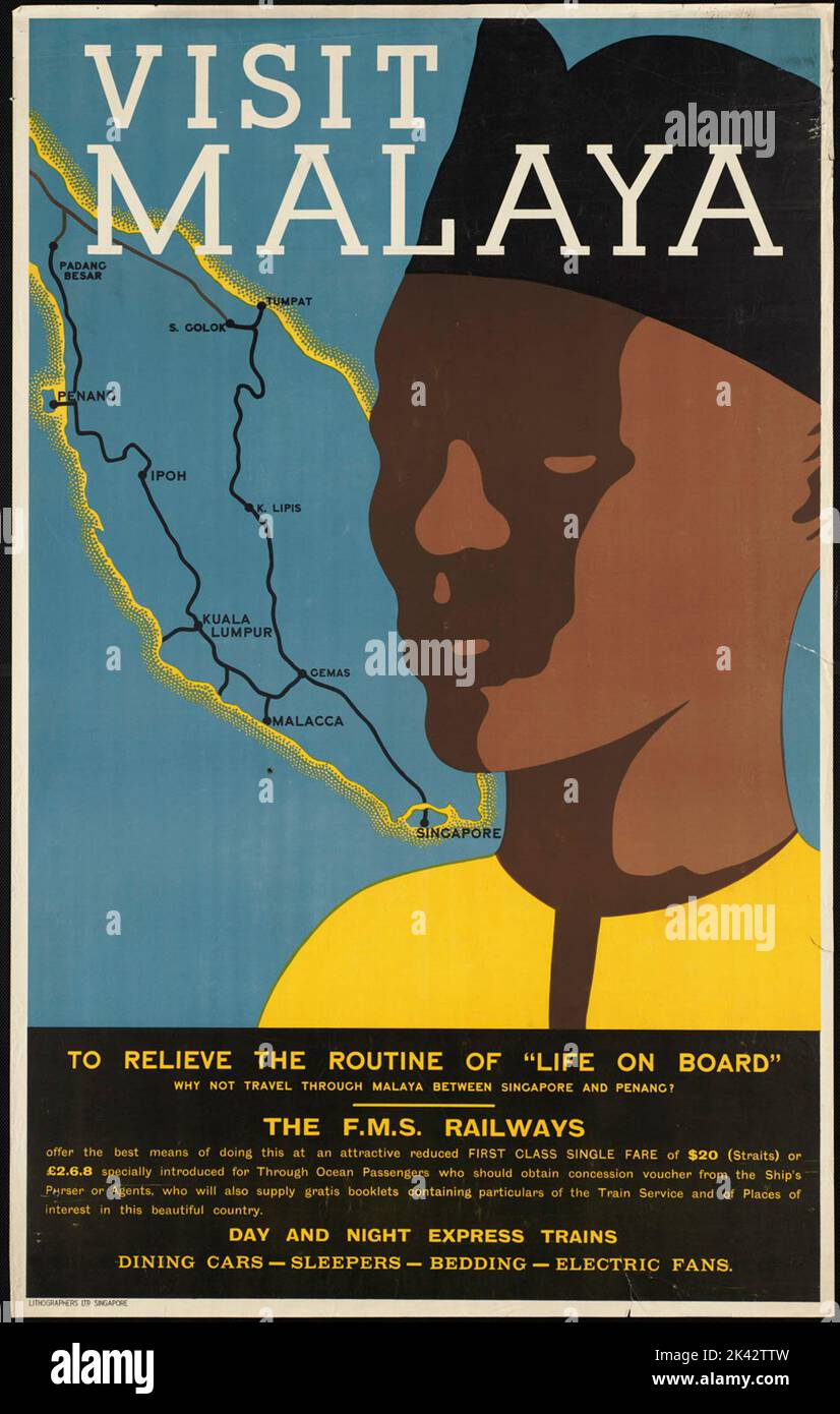 Colorful vintage visit Malaya travel poster of Malaya, now Malaysia ...