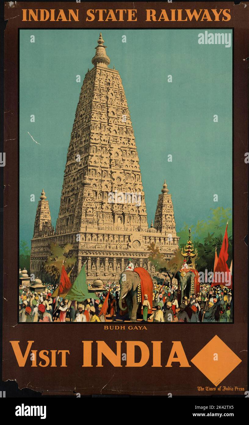Colorful vintage Visit India travel poster of Budh Gaya, India, and ...