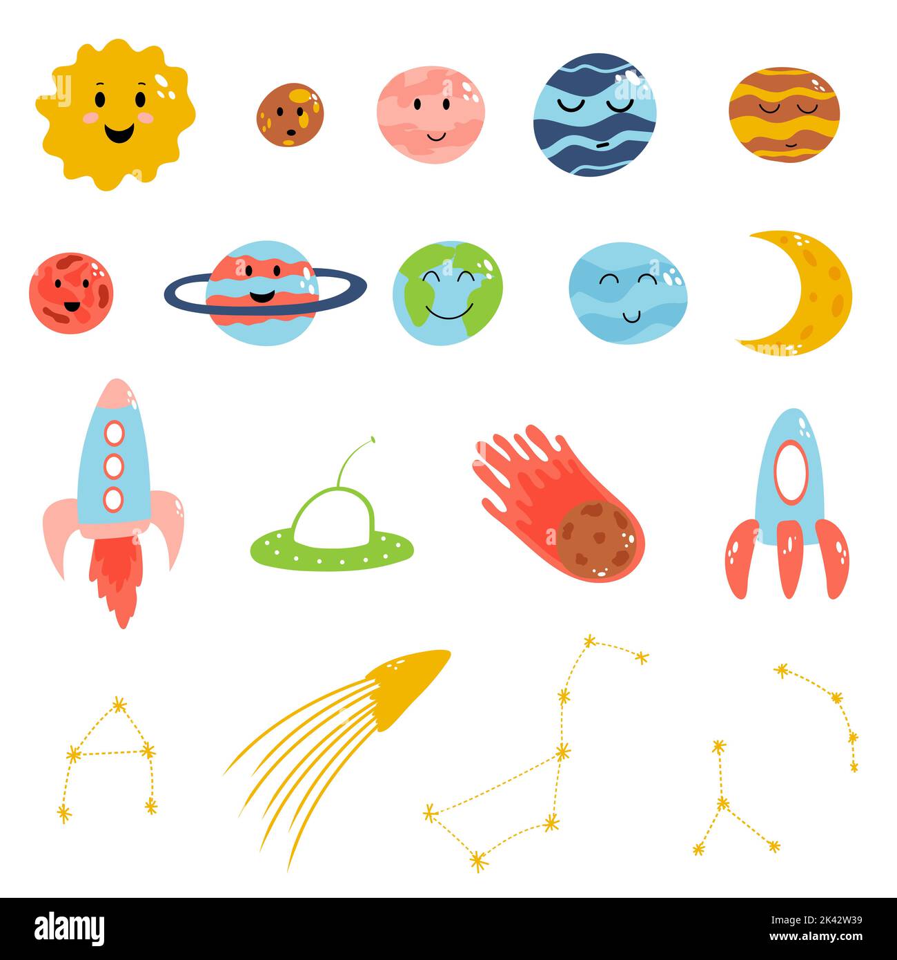 Space elements in cartoon flat childish style. Vector illustration of ...