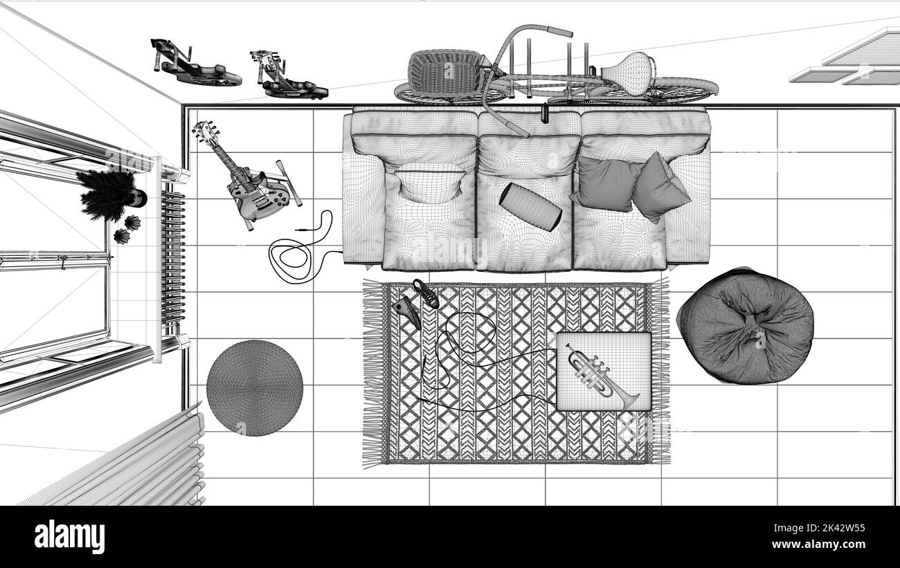Blueprint project draft, scandinavian living room, striped wallpaper ...