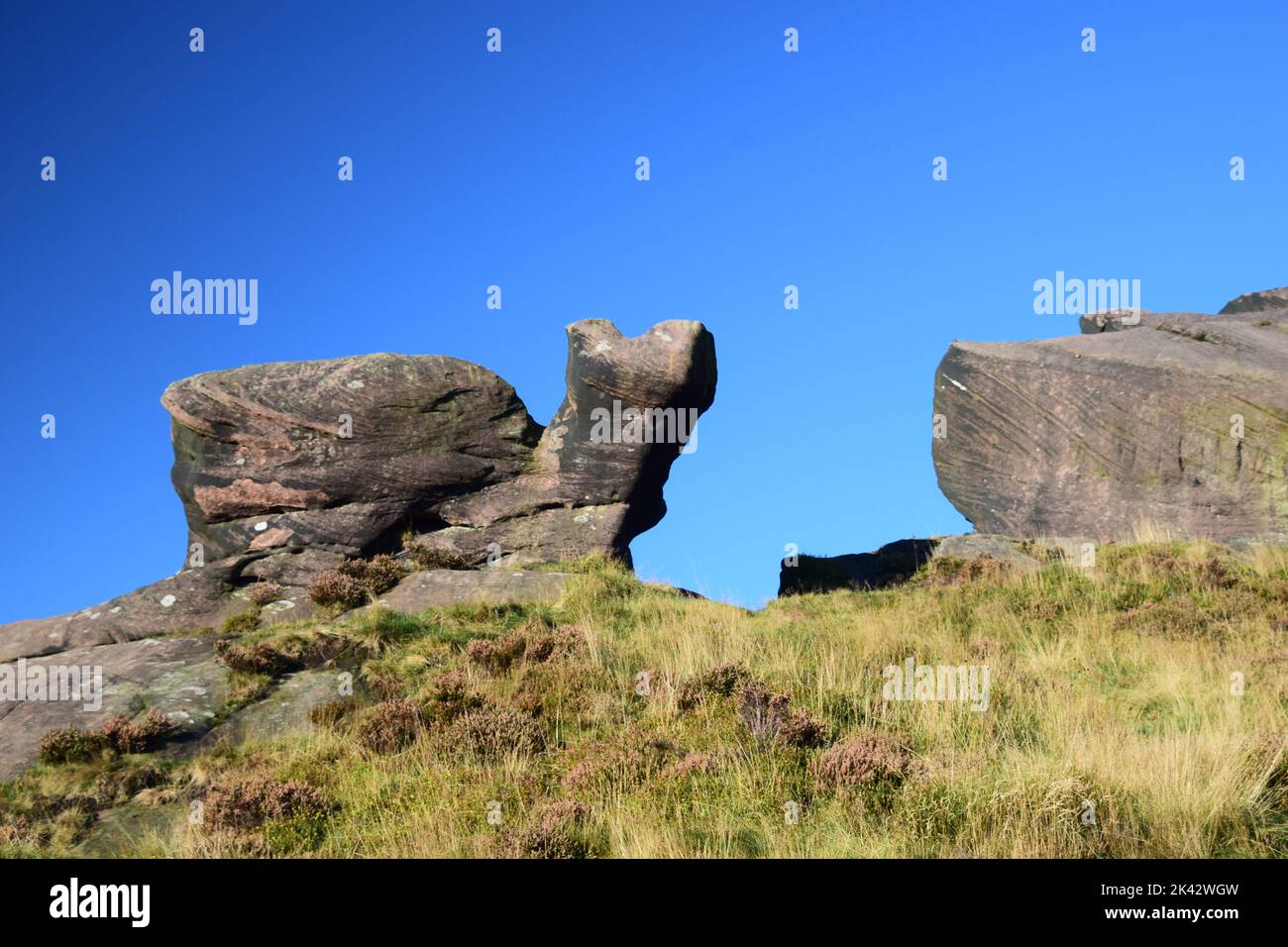 Blue sky and sunlight bathed the Roaches rocks and surrounding ...