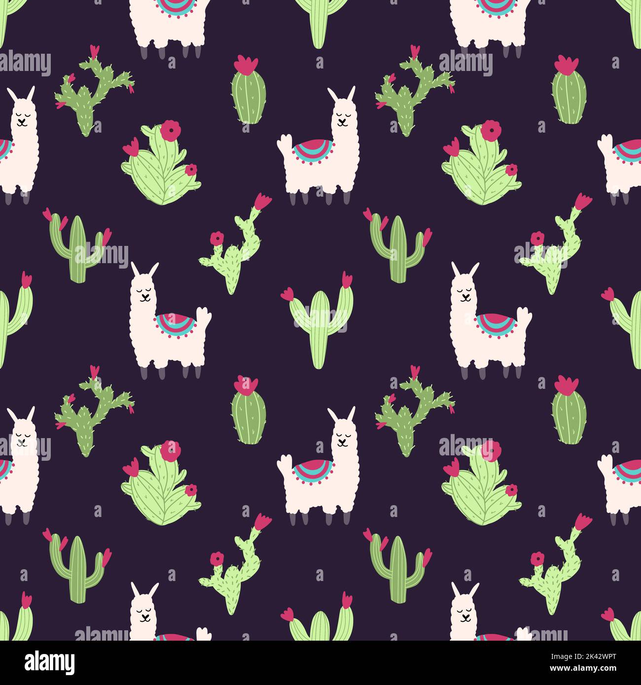 Lama alpaca seamless pattern with cactus. Vector illustration of ...